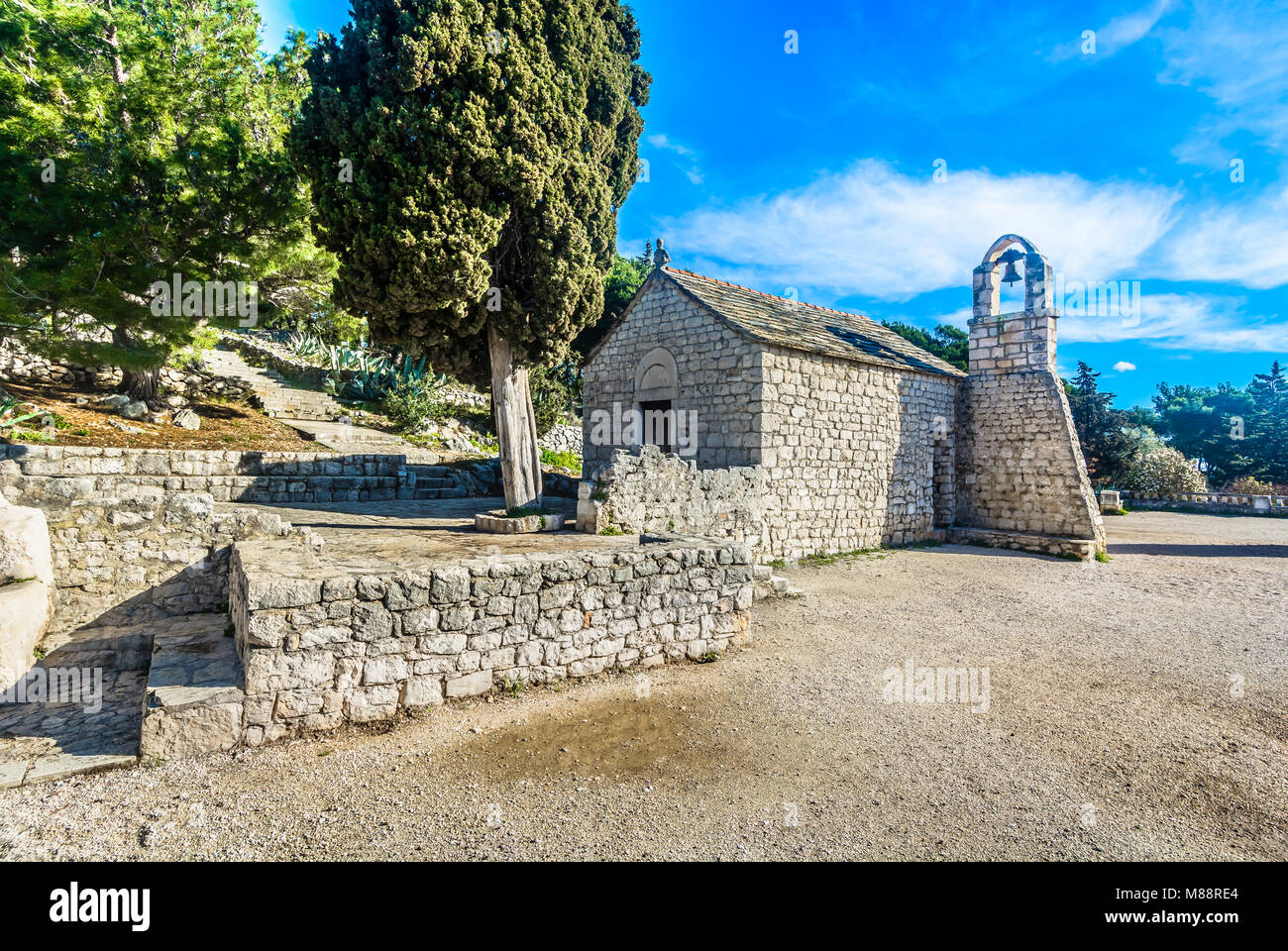 Scenic view at ancient chapel in Split city, Marjan hill Stock Photo ...