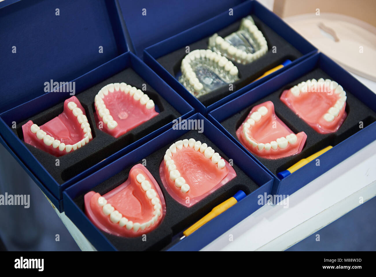Dentures in blue boxes closeup Stock Photo - Alamy