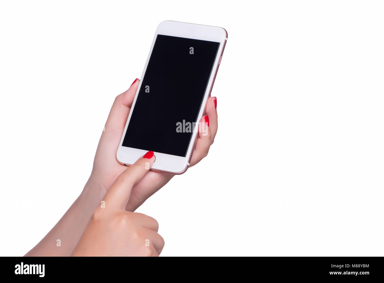 Modern smartphone in female hand isolated on white background Stock ...