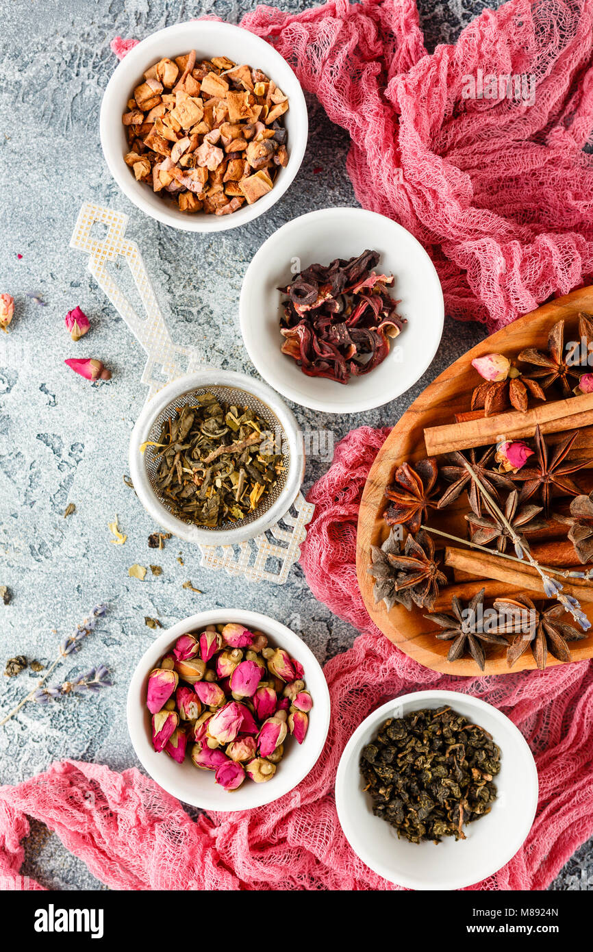 Collection of dry tea, rose buds tea, fruit tea, cinnamon, anise n ...