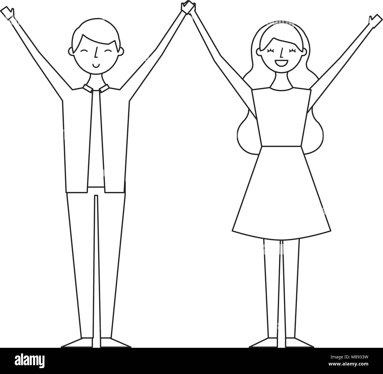 couple of young raised arms people characters vector illustration thin ...
