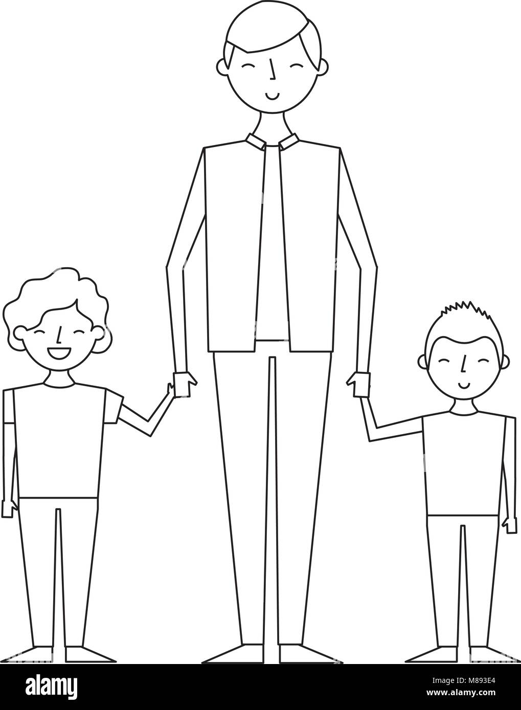 young man holding hands of two kids vector illustration thin line Stock ...