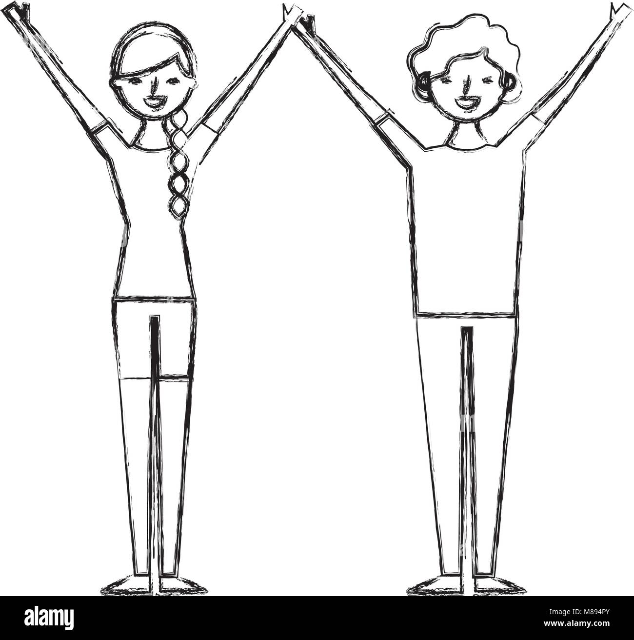 couple of young raised arms people characters vector illustration ...