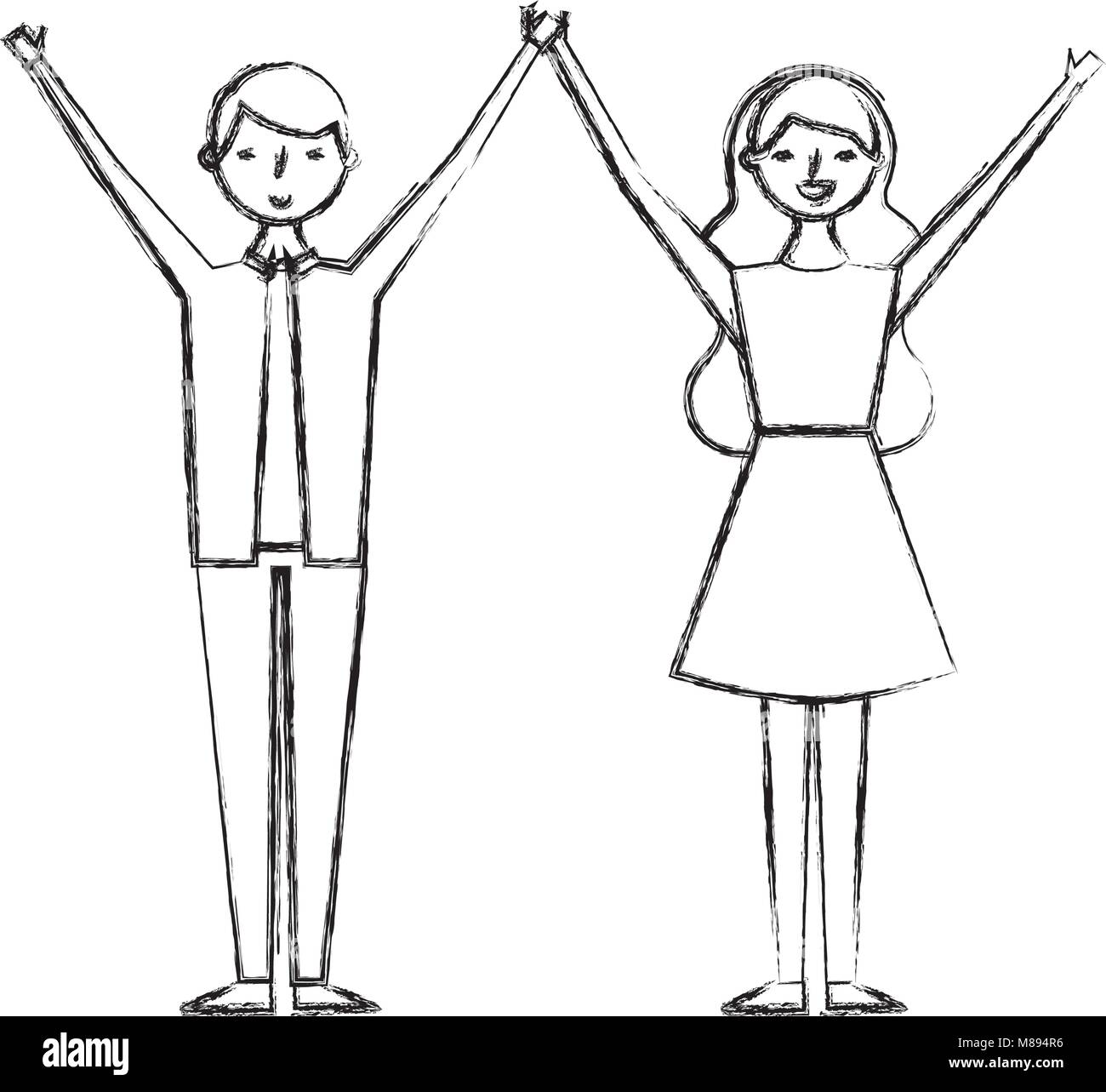 couple of young raised arms people characters vector illustration ...