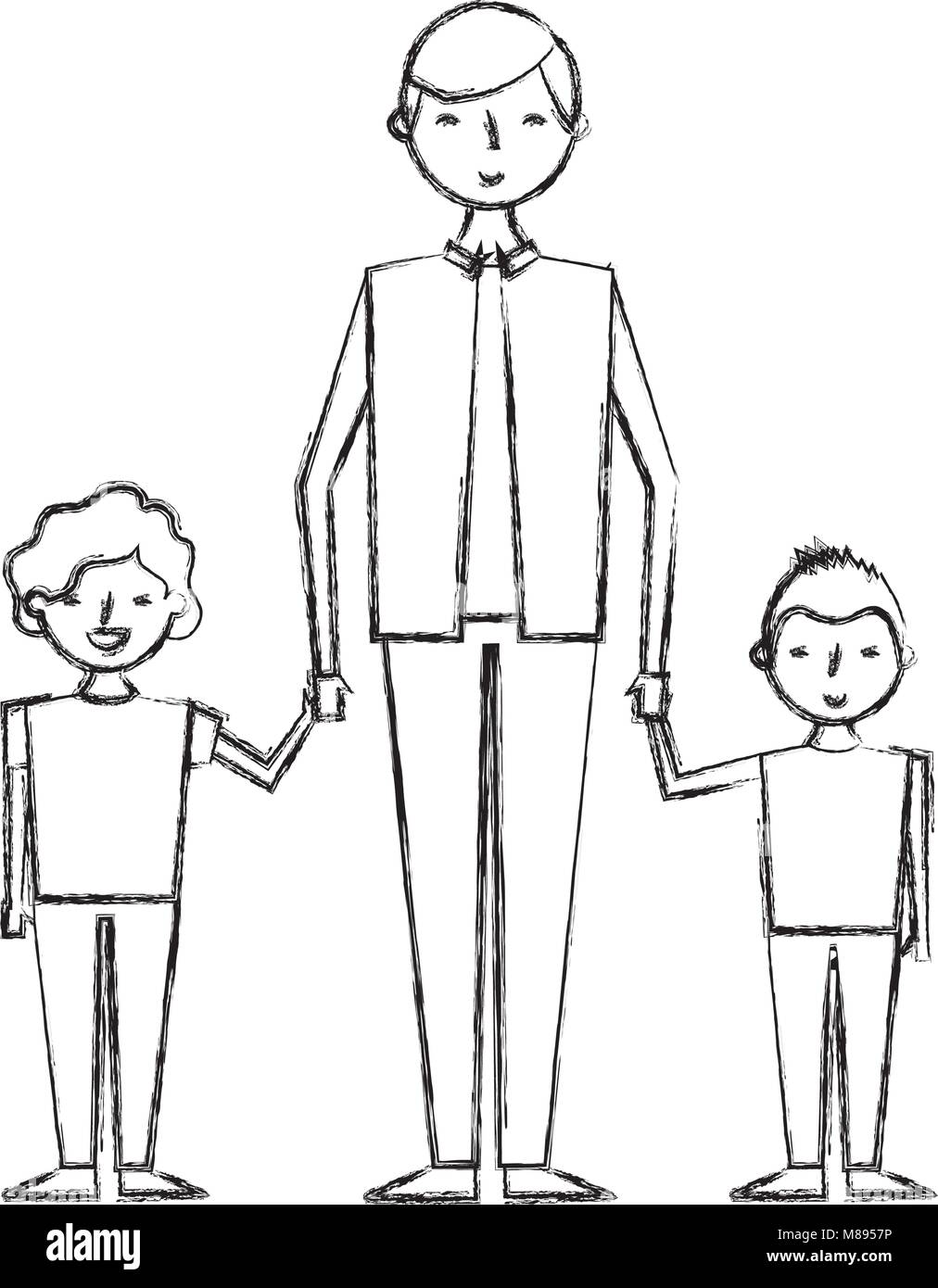 young man holding hands of two kids vector illustration sketch design ...