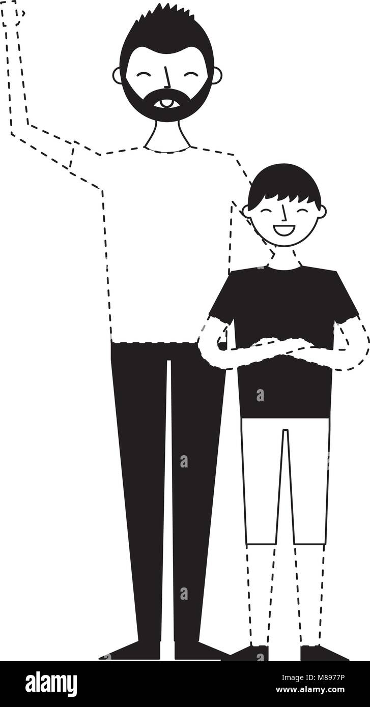 young man with boy together vector illustration monochrome dotted line ...