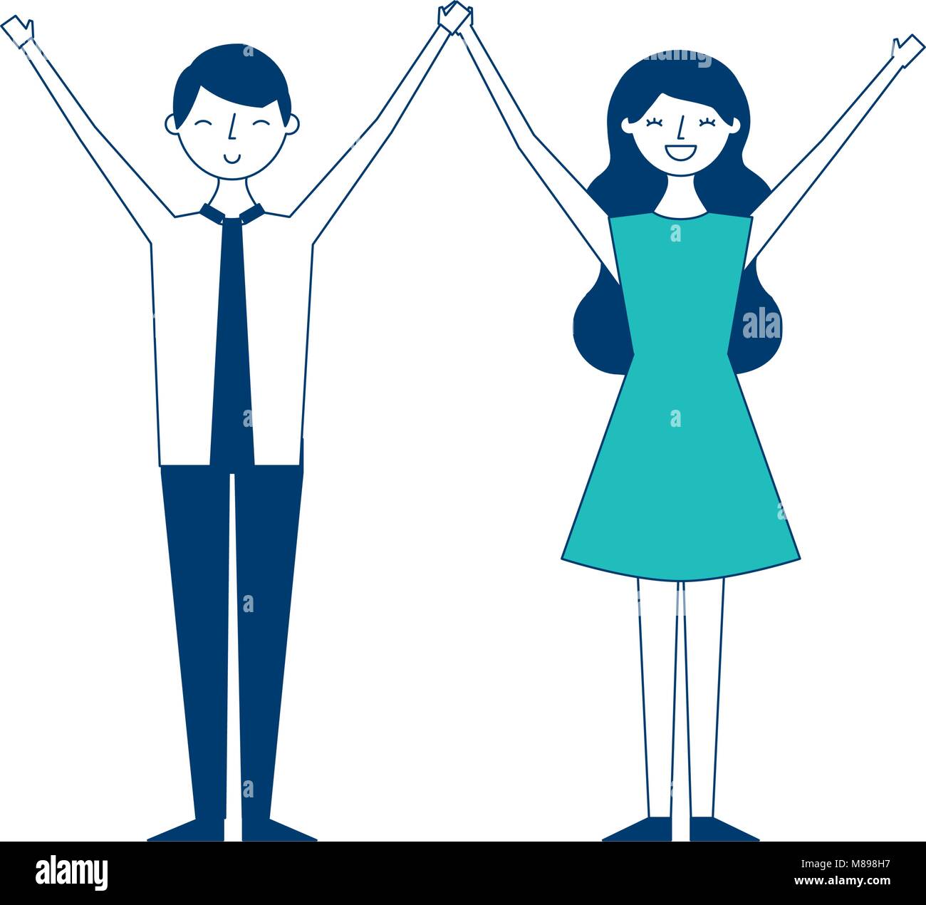 couple of young raised arms people characters vector illustration green ...