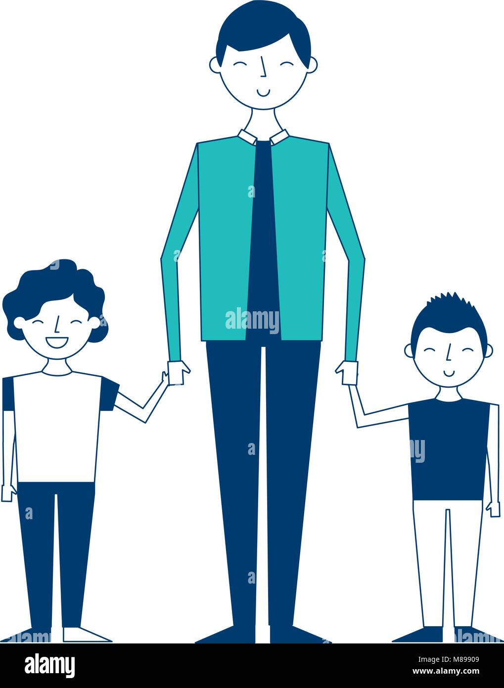young man holding hands of two kids vector illustration green and blue ...