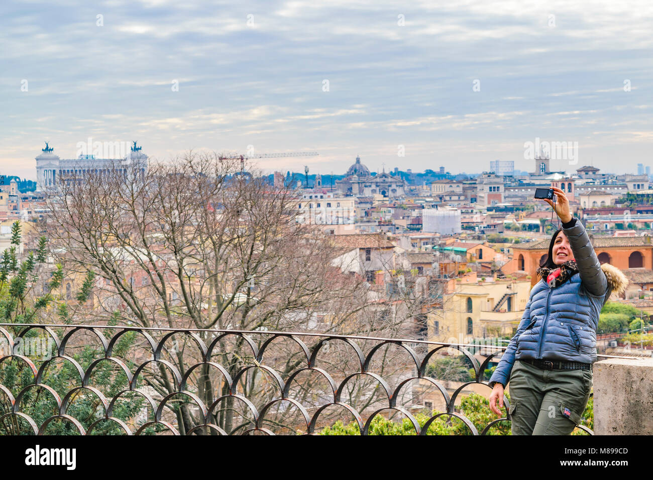 ROME, ITALY, DECEMBER - 2017 - Woman taking a selfie at monte pincio ...