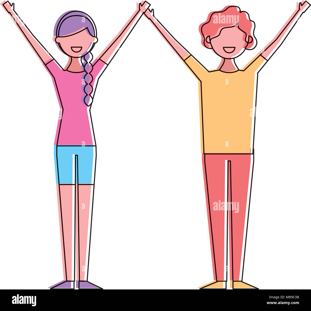 couple of young raised arms people characters vector illustration Stock ...