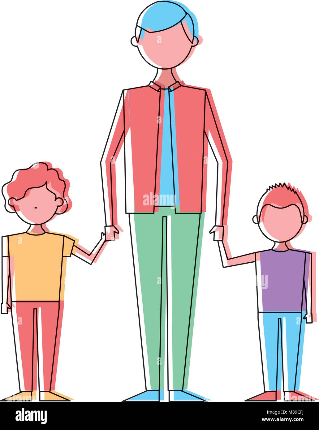 young man holding hands of two kids vector illustration Stock Vector ...