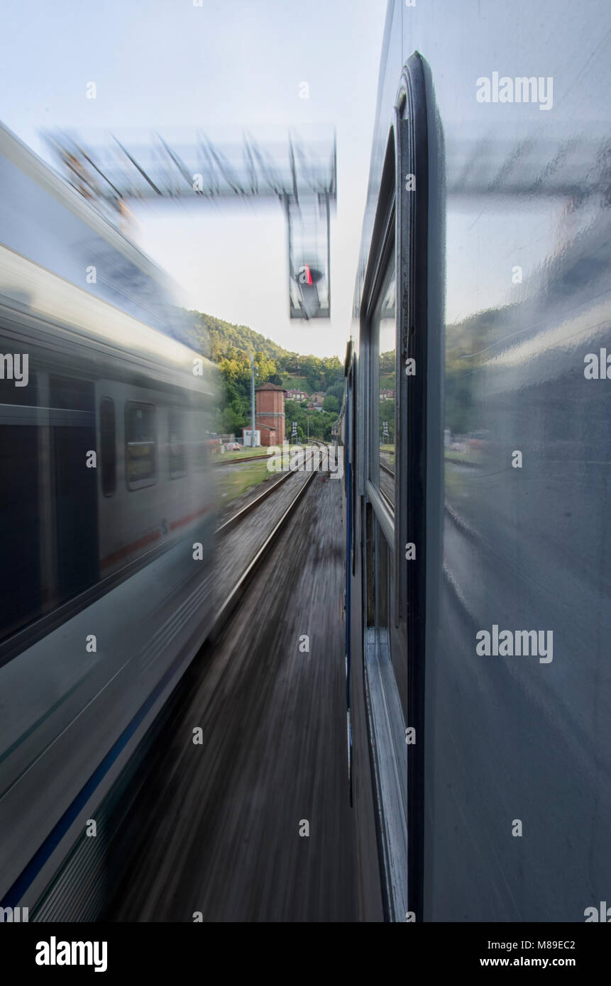 View of two trains in a station Stock Photo - Alamy