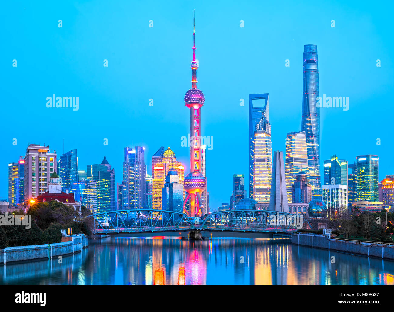 Shanghai city skyline, view of the skyscrapers of Pudong and Waibaidu ...