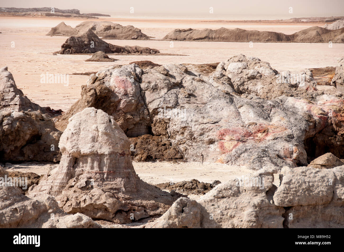 Desert on the territory of Ethiopia, huge spaces of sand and pink rocks ...