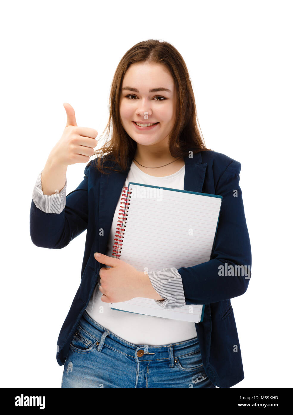 Woman holding notepad isolated on white background Stock Photo - Alamy
