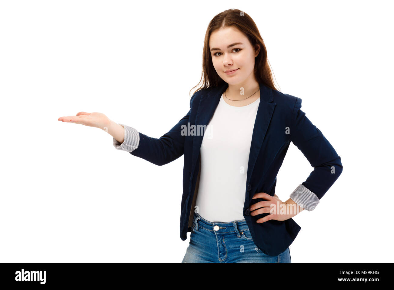 Woman pointing isolated on white background Stock Photo - Alamy