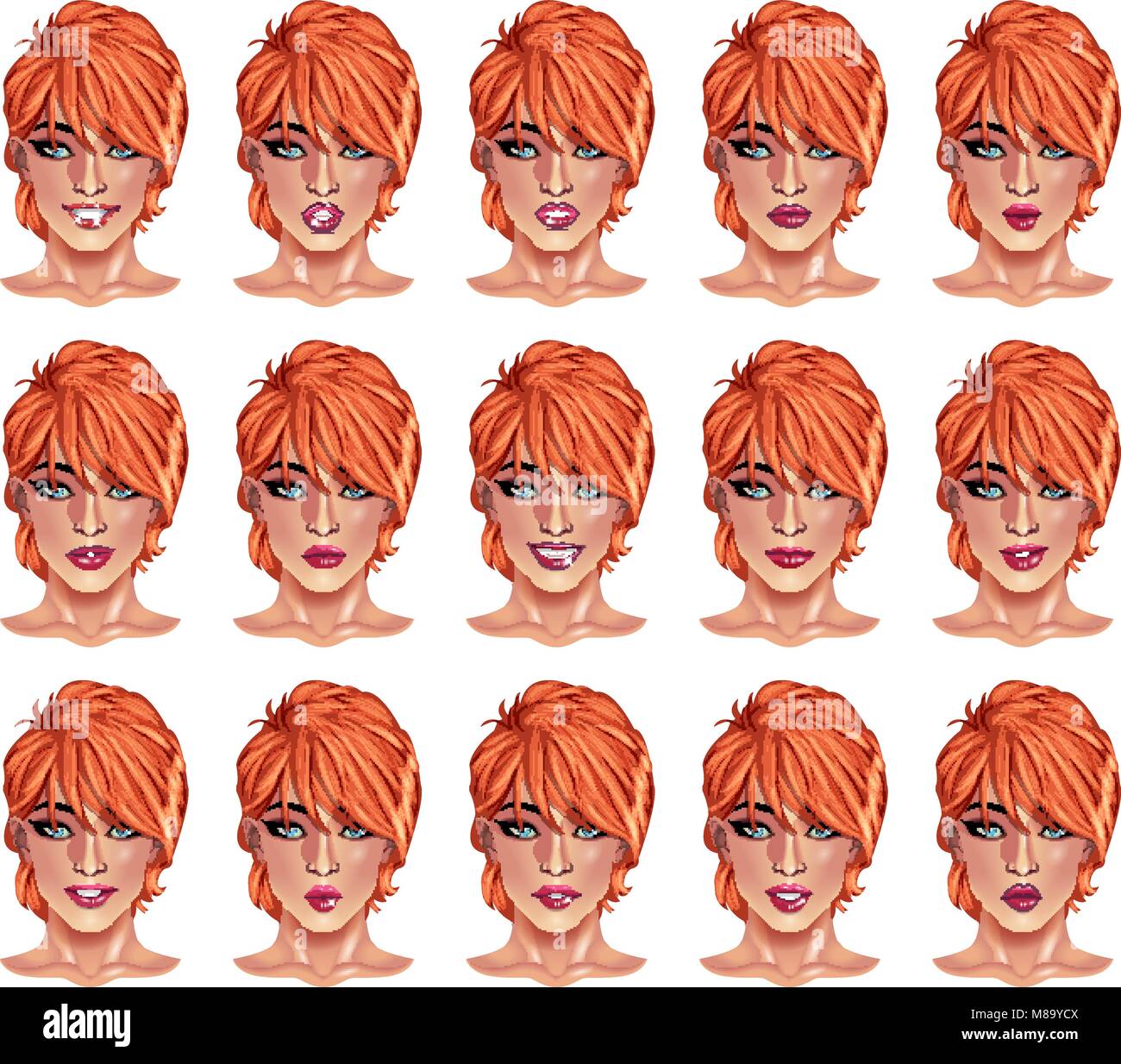 Set Of Beautiful Red Haired Woman Portraits With Different Lips And