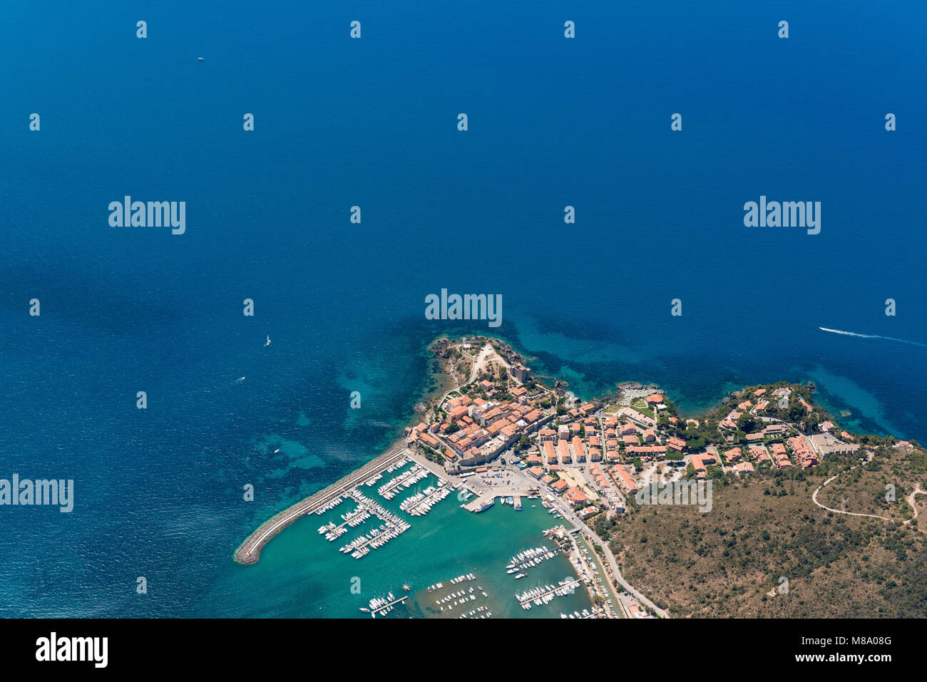 Aerial image of the beautiful town and small port of Talamone at the ...