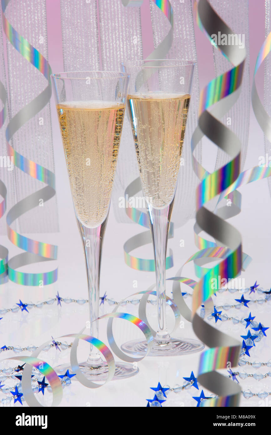 Decorated celebration still Life With champagne glasses Stock Photo - Alamy