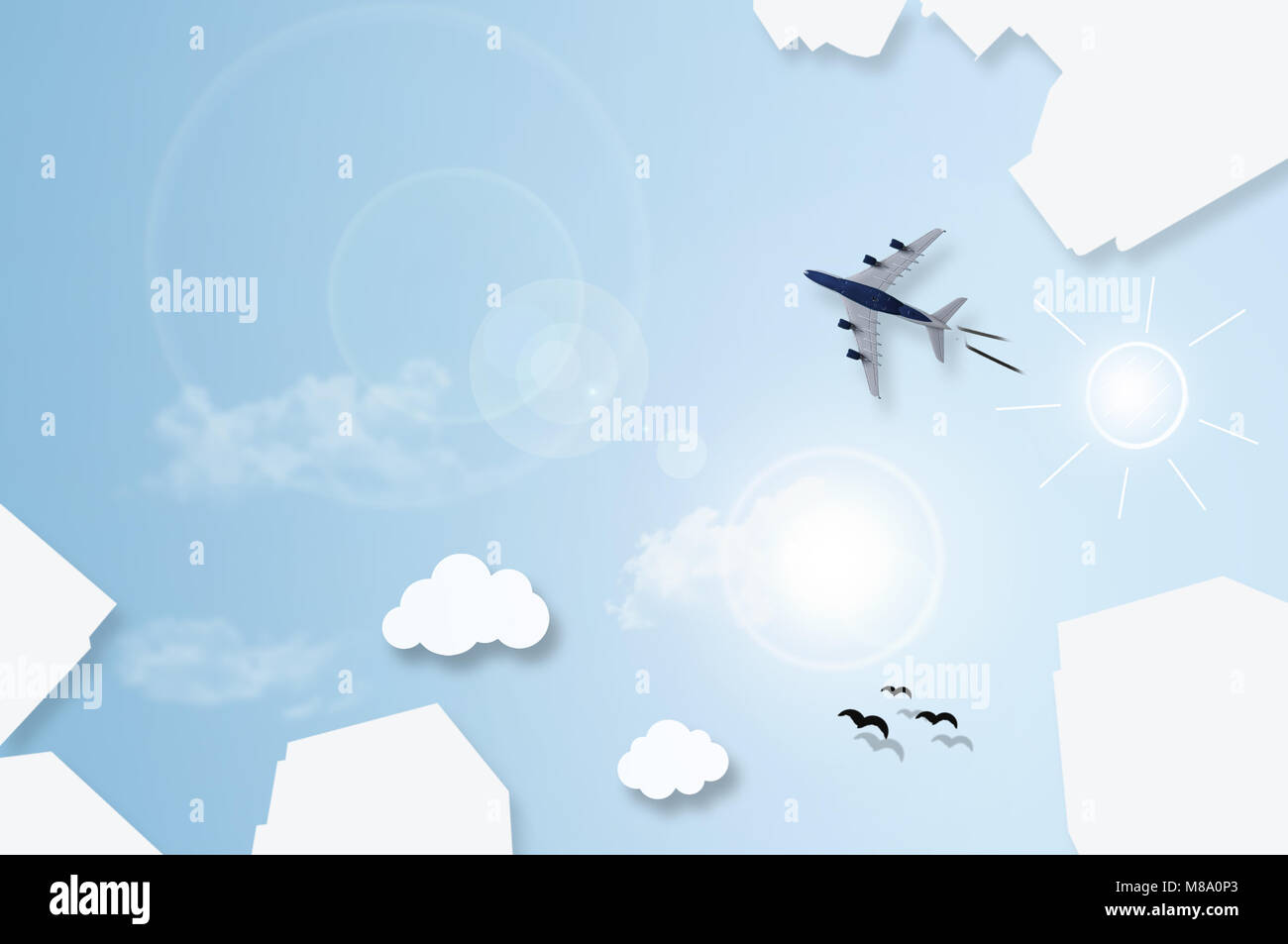 City high rise buildings abstract, with cloud icons and plane flying ...