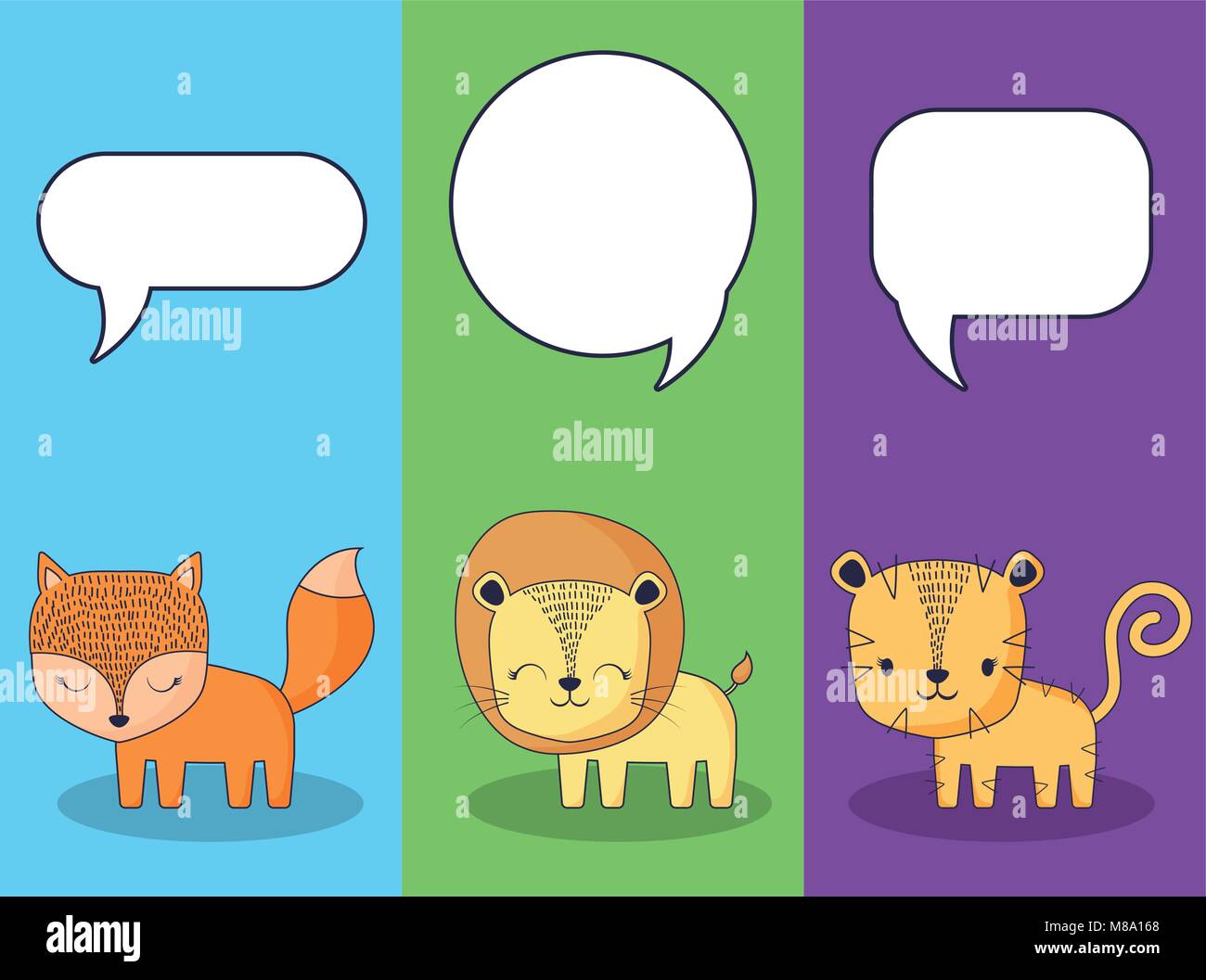 Cute animals with speech bubbles over colorful background, vector ...