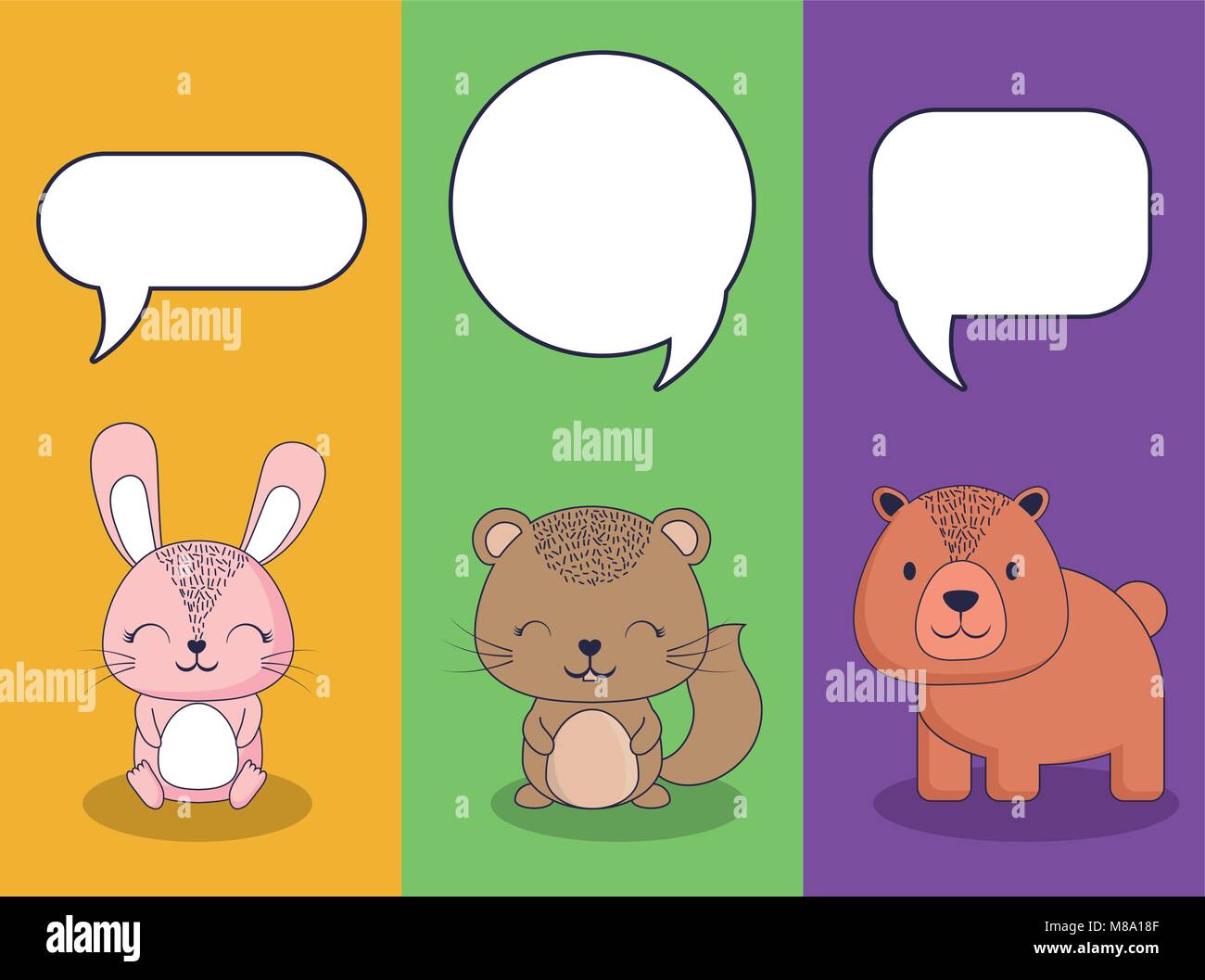 Cute animals with speech bubbles over colorful background, vector ...