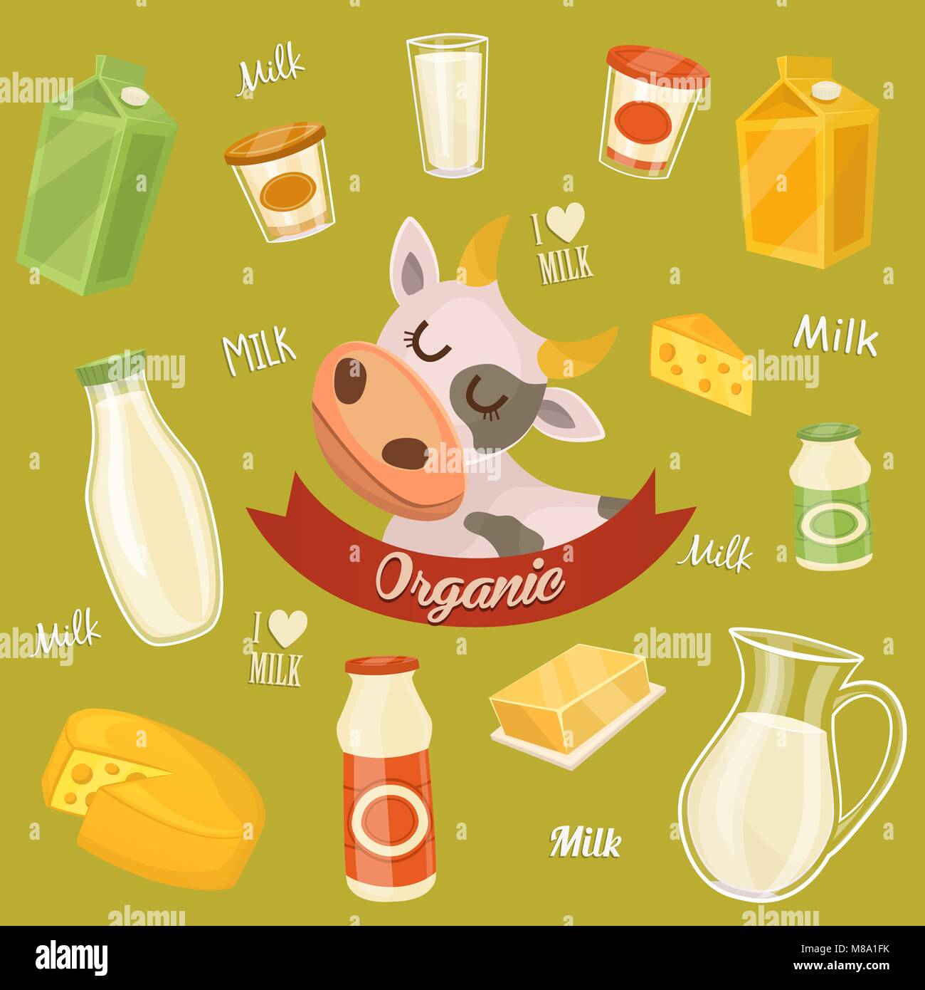 Dairy products on wooden table, milk, vector icon Stock Vector Image ...