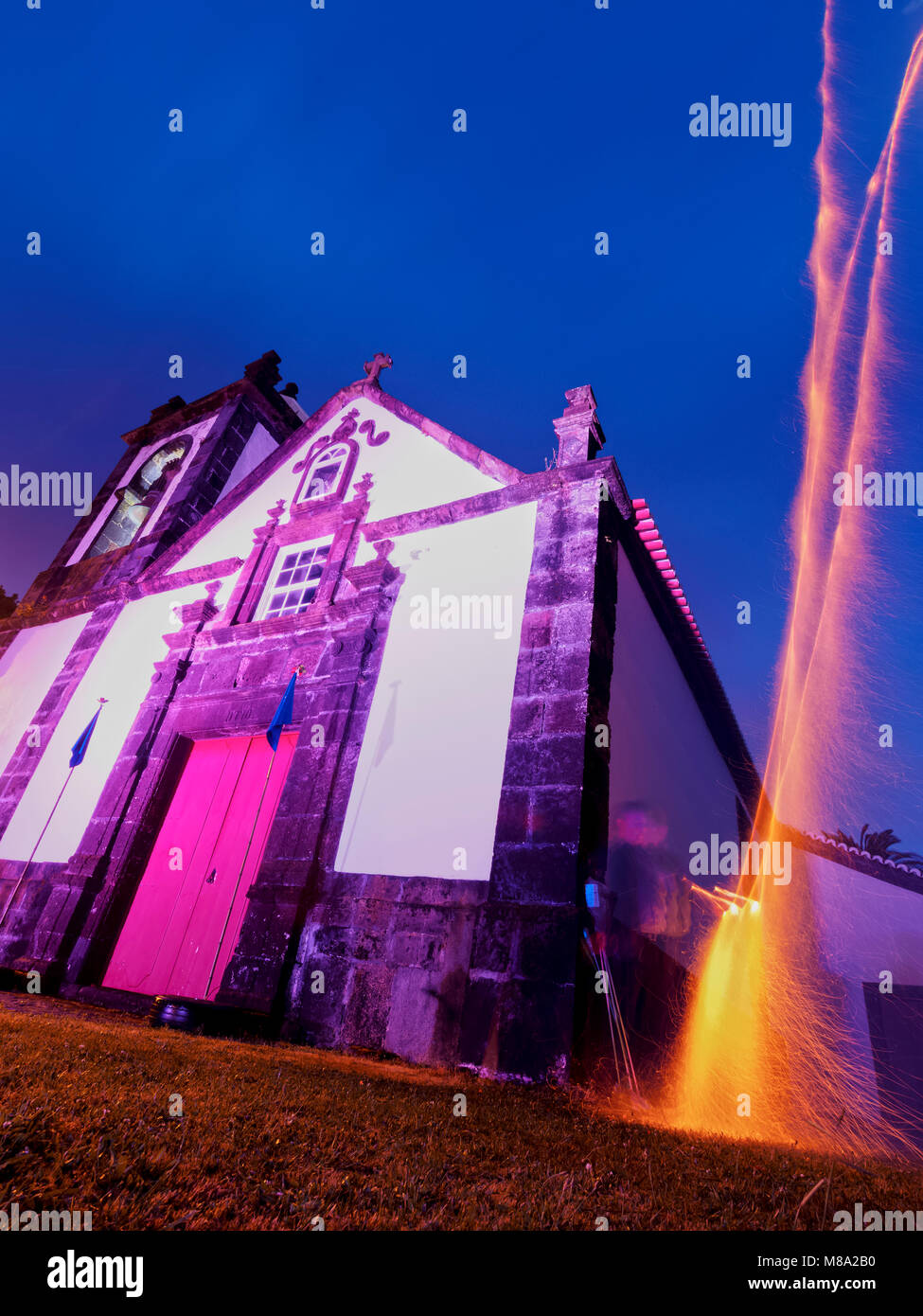 Holy Spirit Festivity Fireworks by the Church in Manadas, twilight, Sao ...