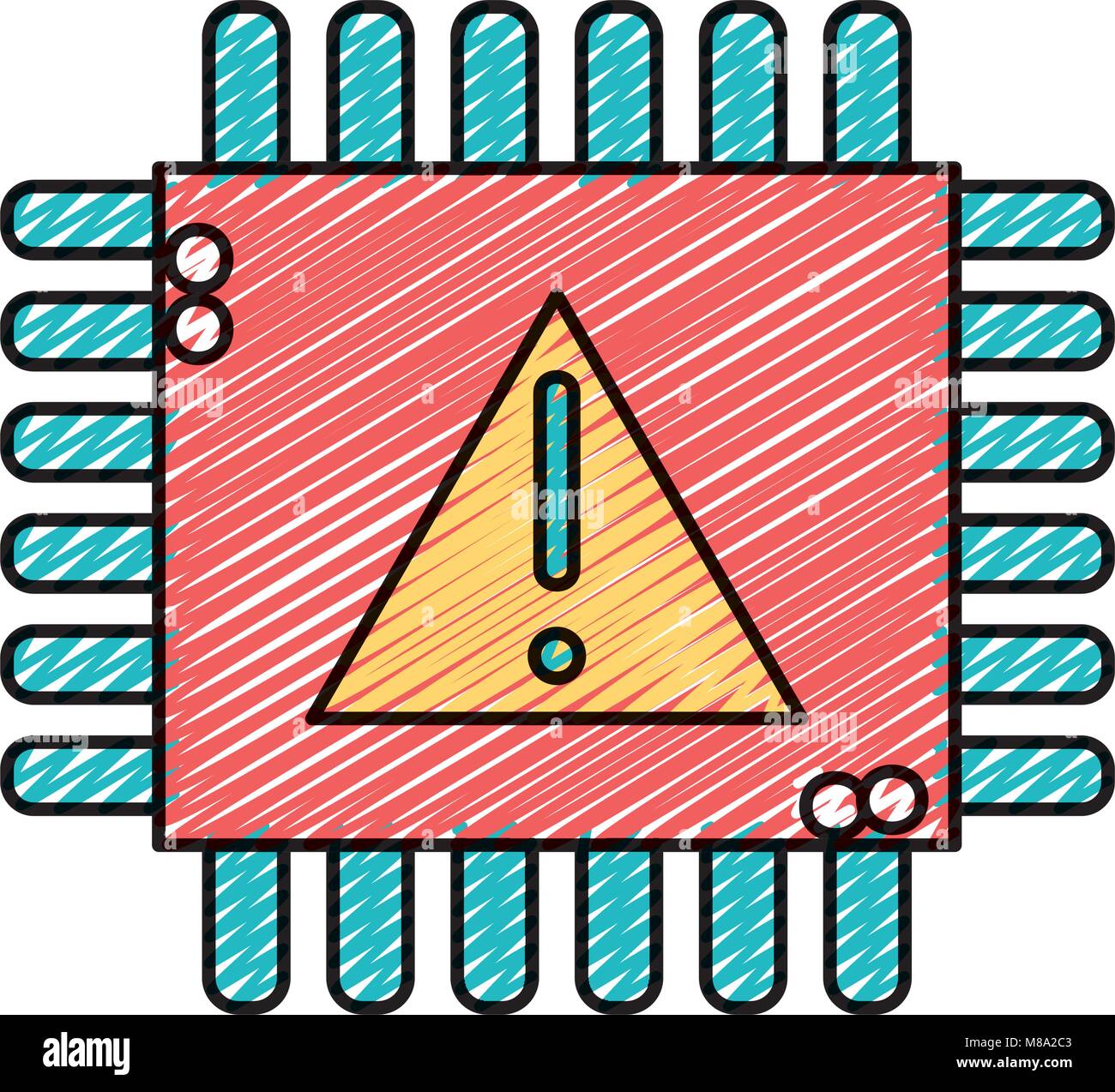 doodle chip circuit with exclametion and attention sign Stock Vector ...