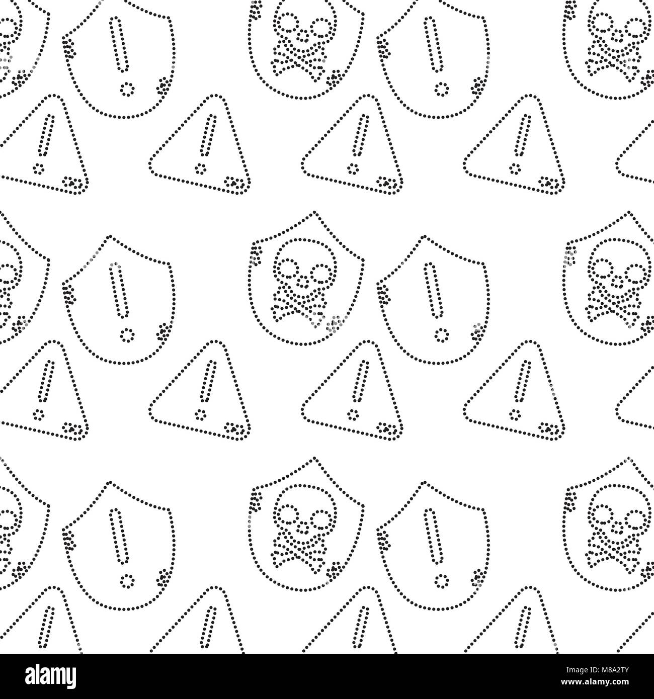 dotted shape exclamation attention and skull bones background Stock ...