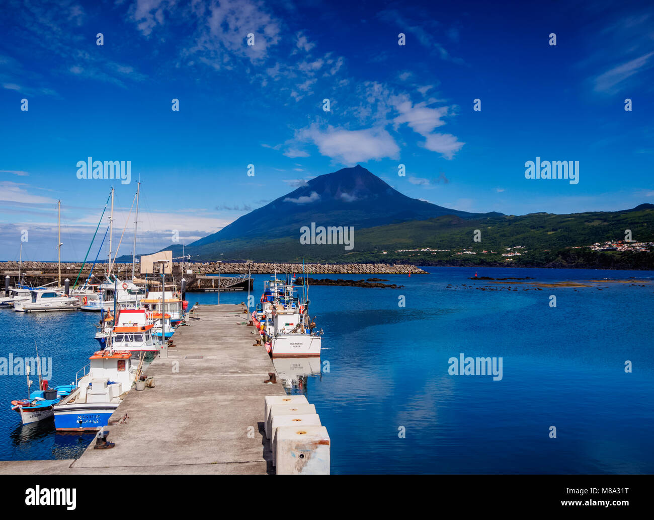 Port in Lajes do Pico, Pico Mountain in the background, Pico Island ...