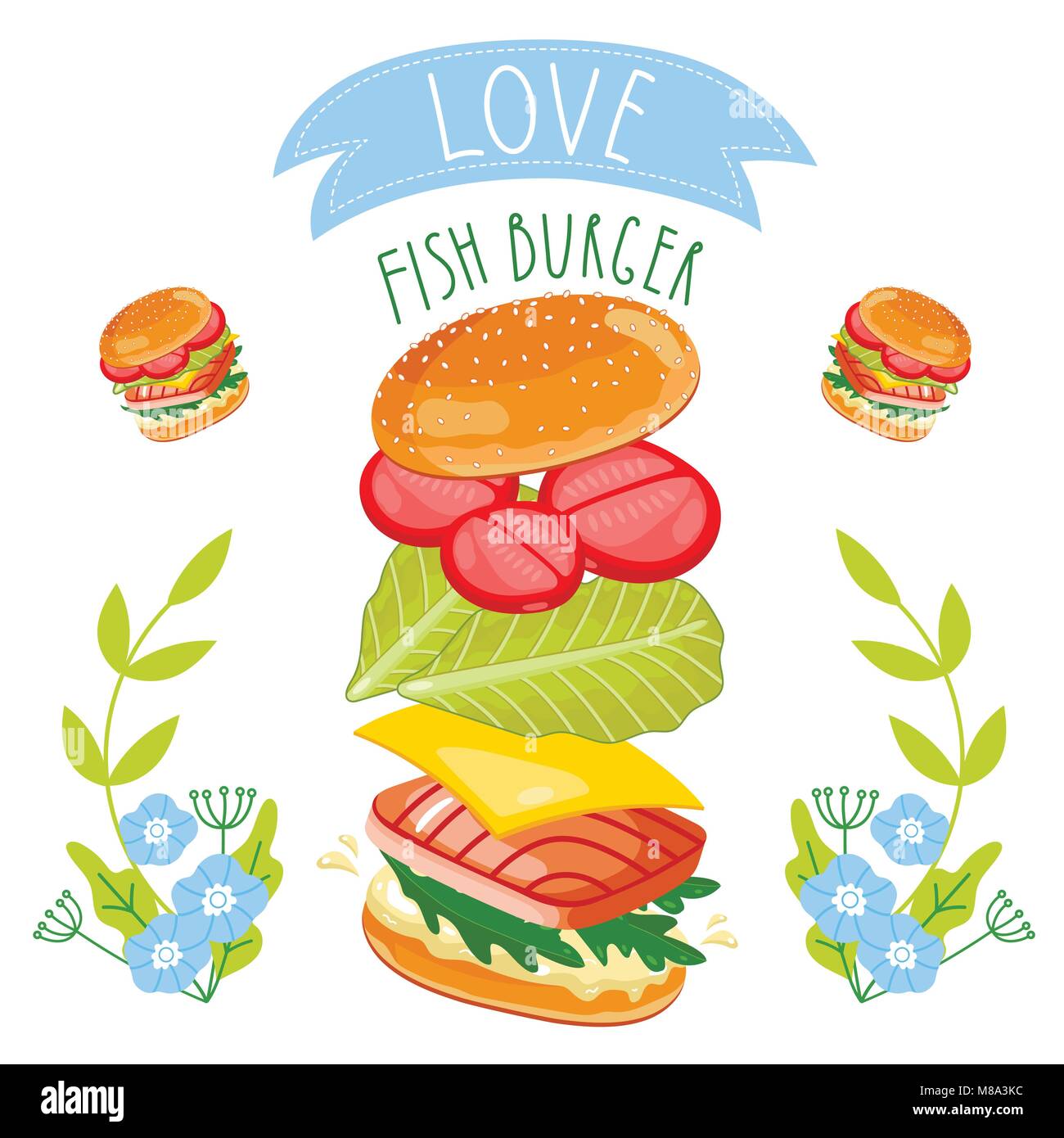 Fish burger ingredients on white background Stock Vector Image & Art ...