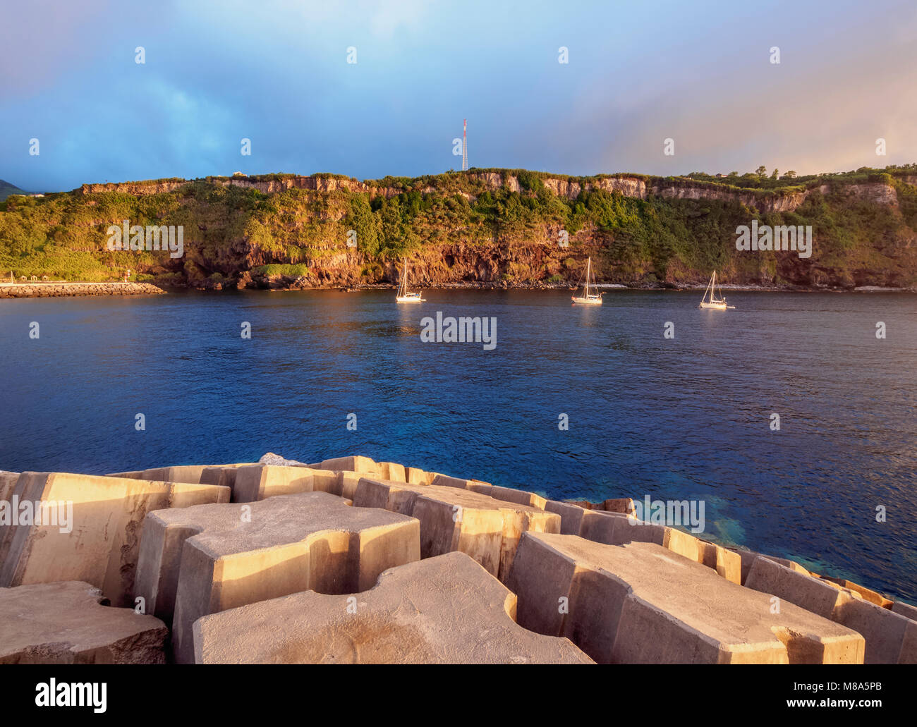 Port in Lajes das Flores at sunrise, Flores Island, Azores, Portugal ...