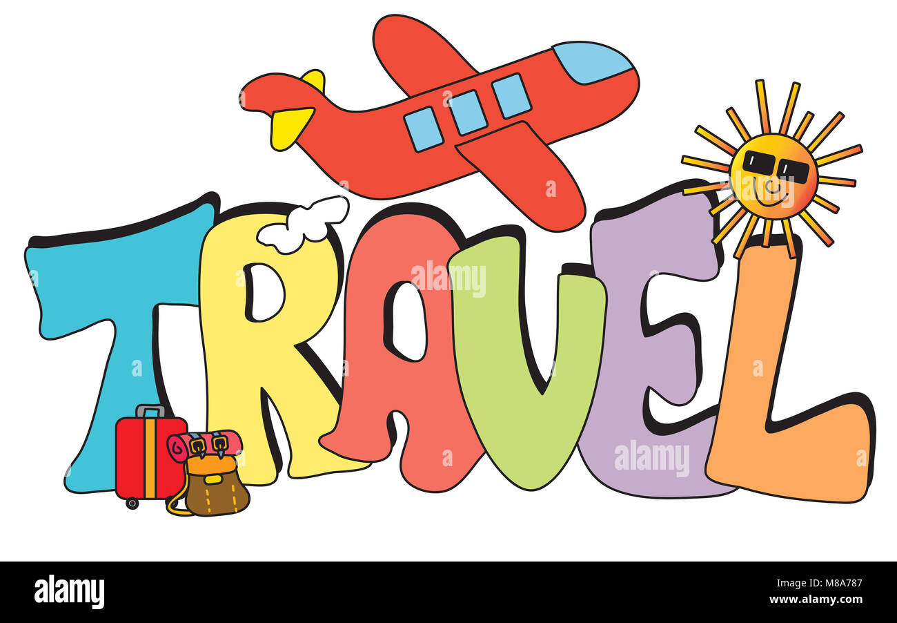illustration of travel written with happy sun Stock Photo - Alamy