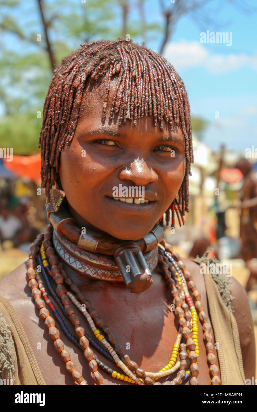 Africa, Ethiopia, Omo River Valley Hamer Tribe woman. The hair is ...