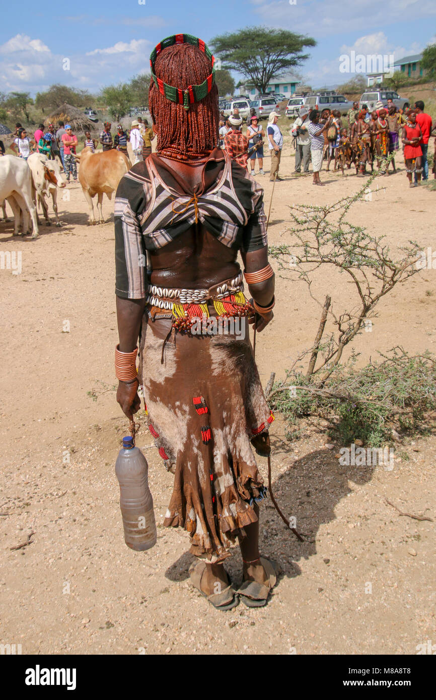 Africa, Ethiopia, Omo River Valley Hamer Tribe woman. The hair is ...