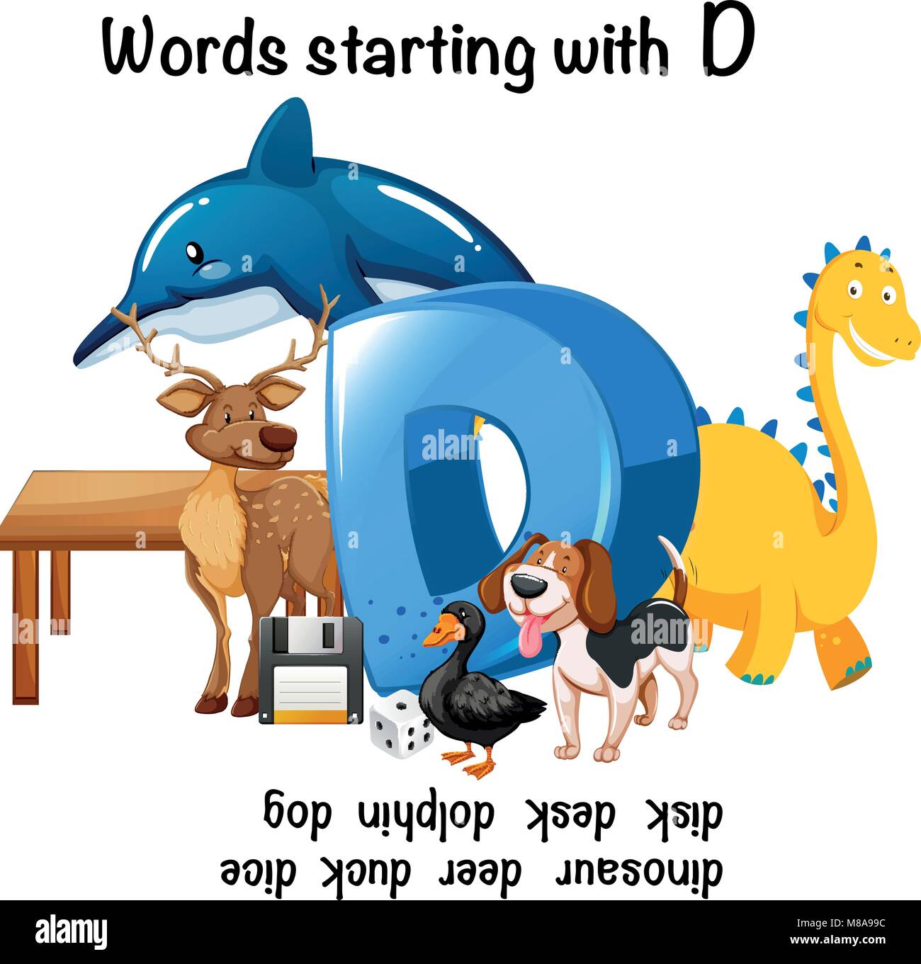 Different words starting with D on white background illustration Stock ...