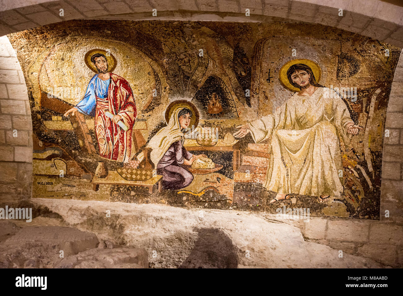 Israel, Nazareth, ancient baptism basin in the lower level Church of St ...
