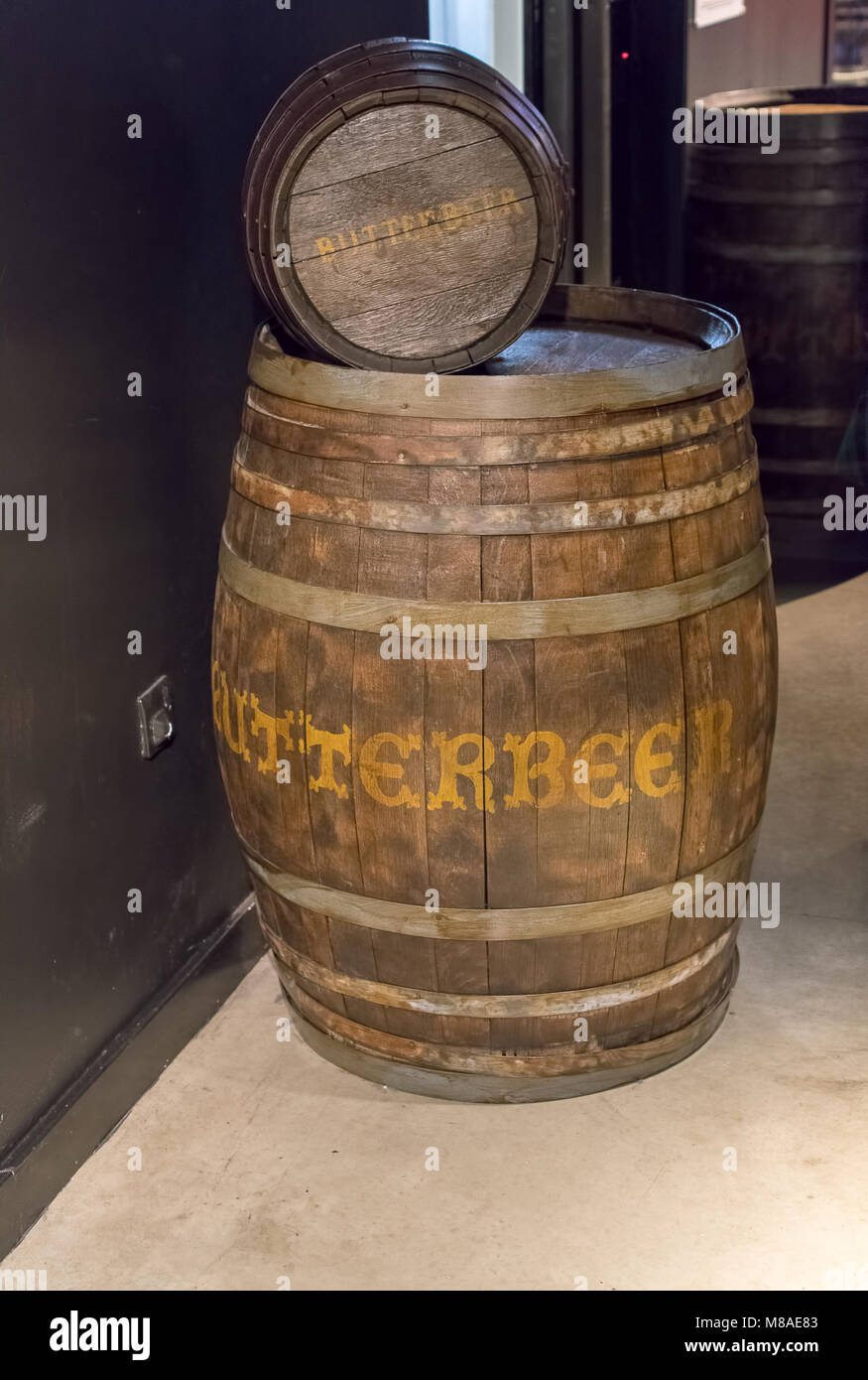 LEAVESDEN, UK - FEBRUARY 24TH 2018: Butterbeer kegs display at the ...