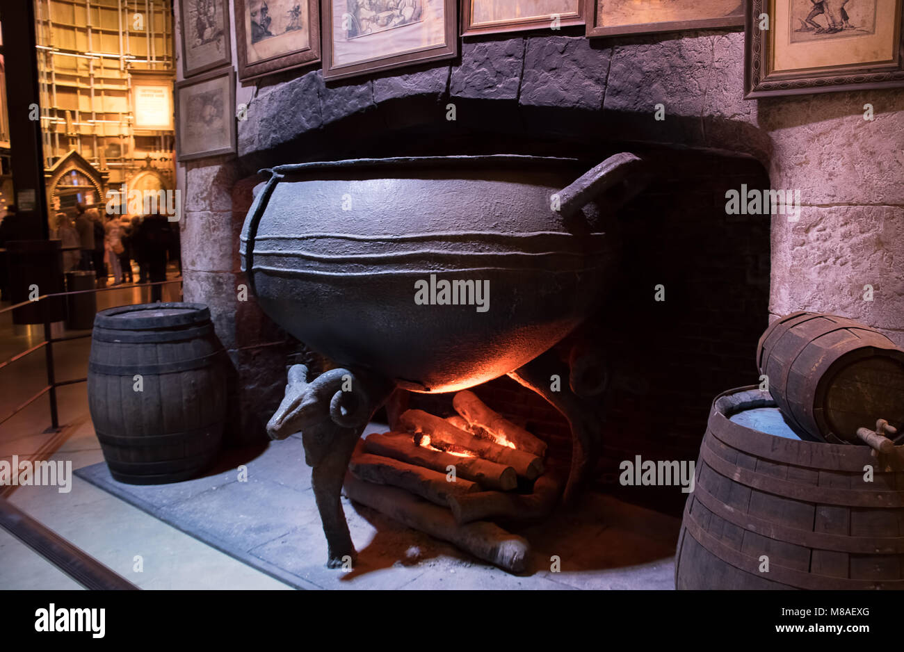 LEAVESDEN, UK - FEBRUARY 24TH 2018: Leaky cauldron on display at the ...