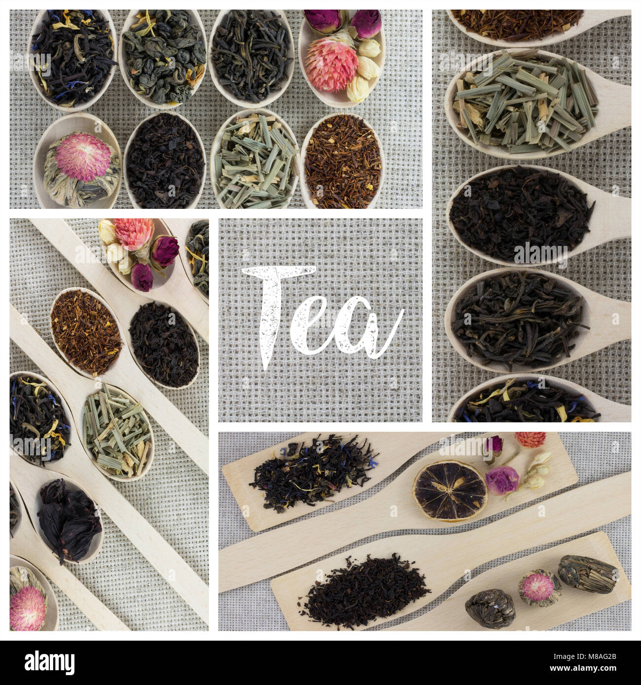 Collage of different varieties and types of tea in assortment. Square ...