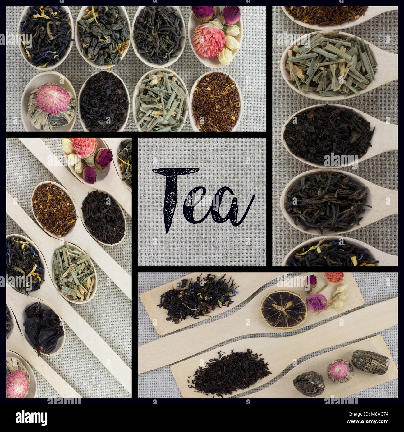 Collage of different varieties and types of tea in assortment. Square ...
