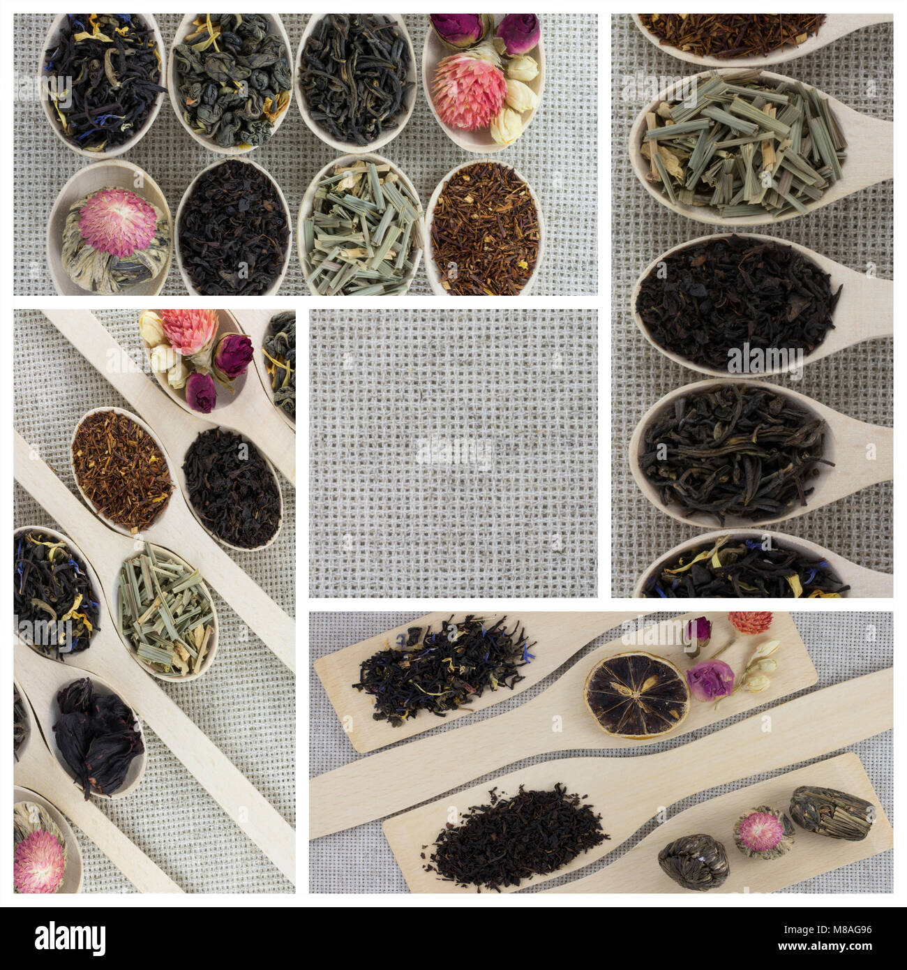 Collage of different varieties and types of tea in assortment. The ...