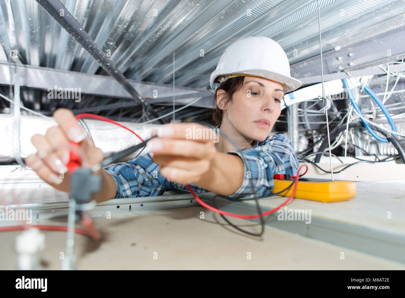 female electrician checking voltage of ceiling cables Stock Photo - Alamy