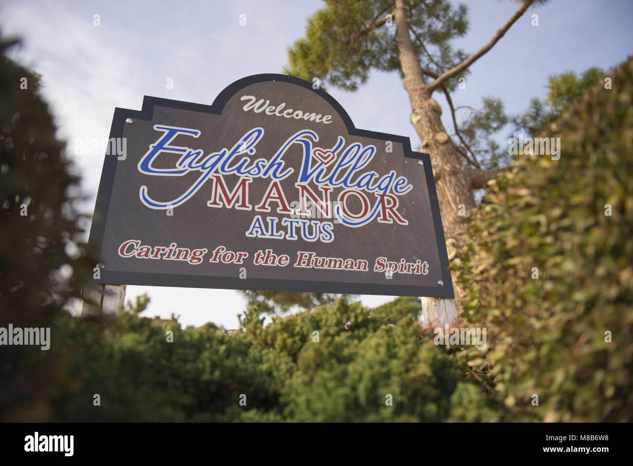 A welcome sign stands outside English Village Manor, Feb. 14, 2018, in ...