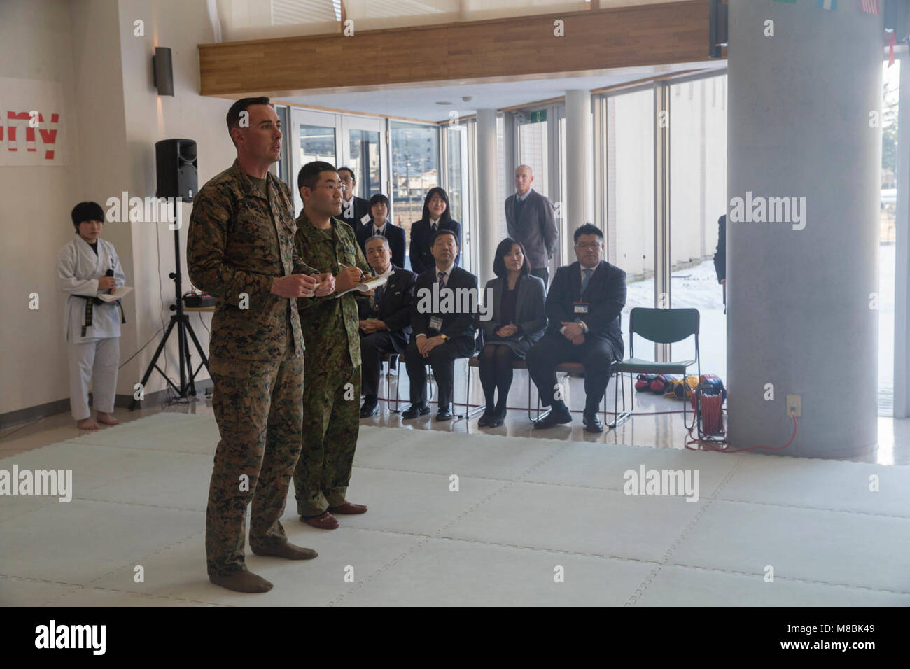 U.S. Marine Corps 1st Sgt. Chad Webb, gives a speech to high school ...
