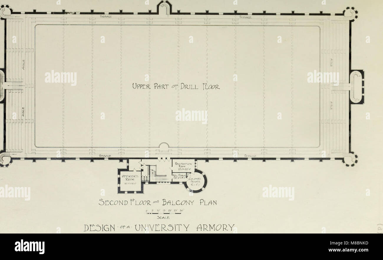 This 1910 work presents the architectural design of a university armory ...