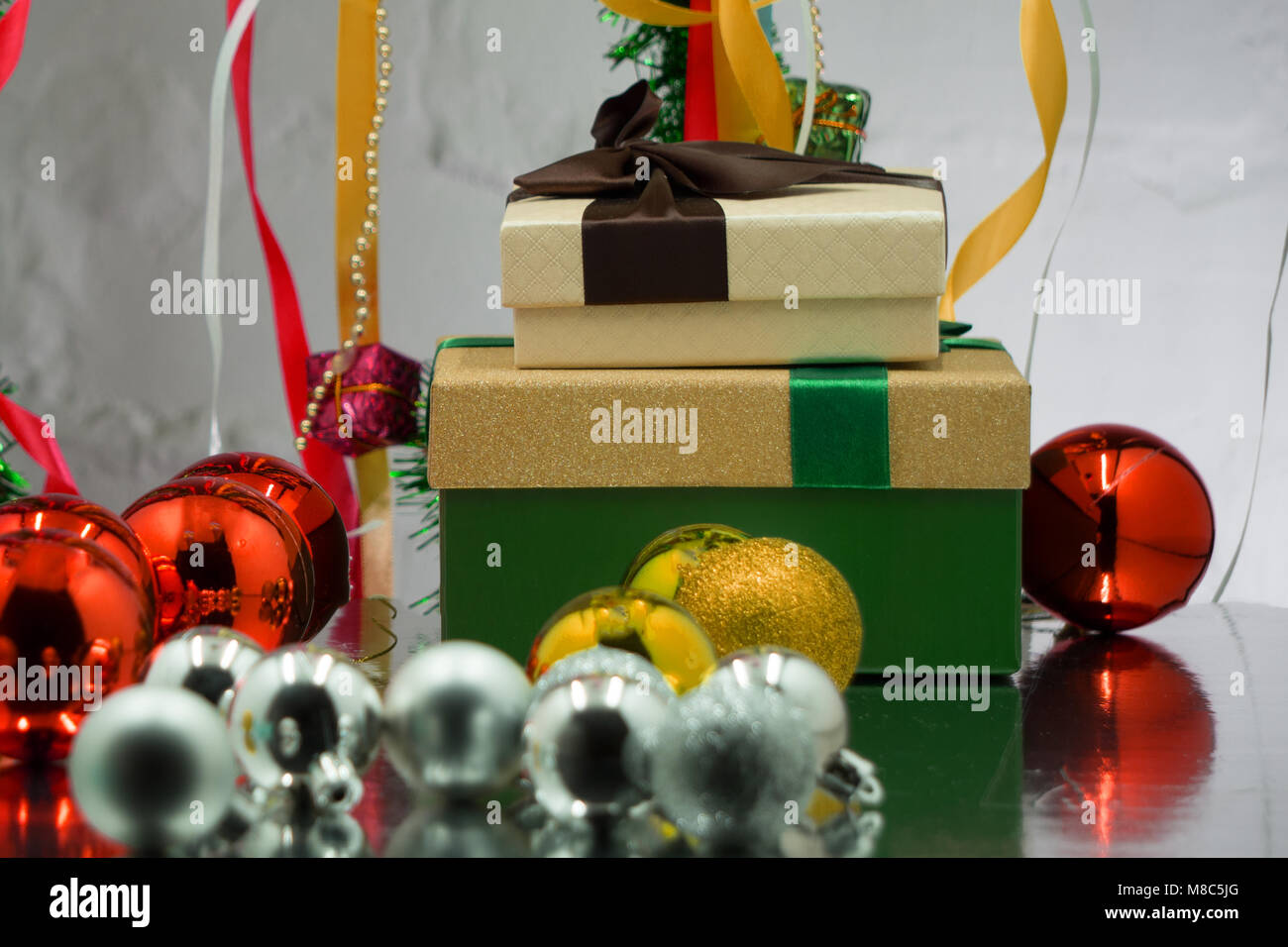 Christmas gift boxes with pine tree for layout pattern design. The view ...