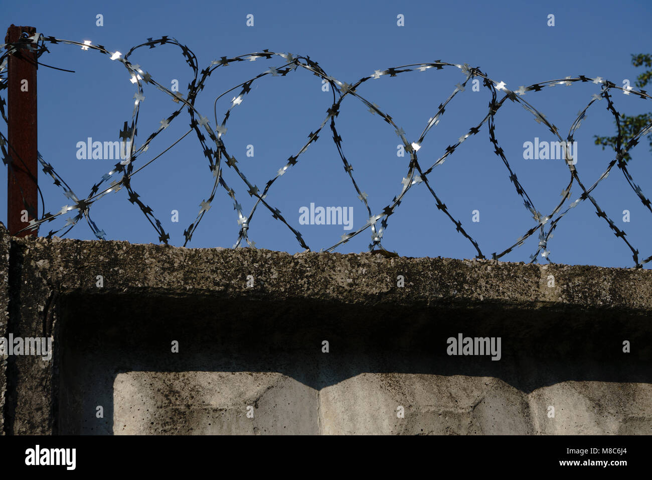 Barbed wire fence attached around prison walls Stock Photo - Alamy