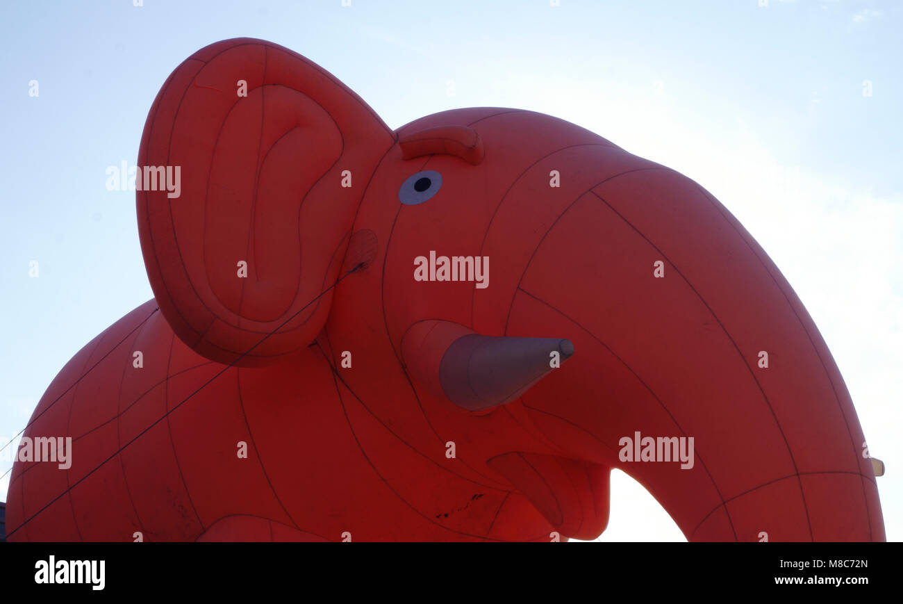 Inflatable pink elephant with white tusks against the blue sky tied ...